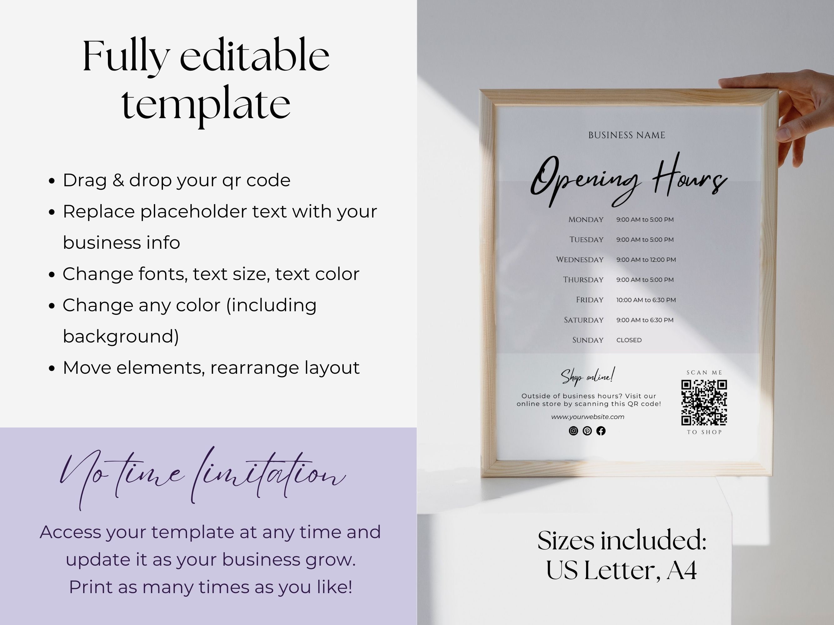 Printable Store Hours Sign With Qr Code, Modern Business Opening Hours ...