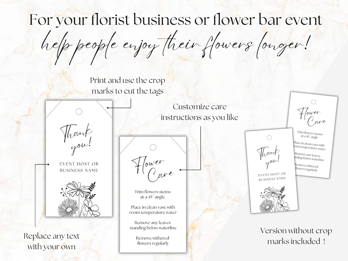 Flower Care Tag Template for Flower Bar Guest Favor Tag or Florist ...