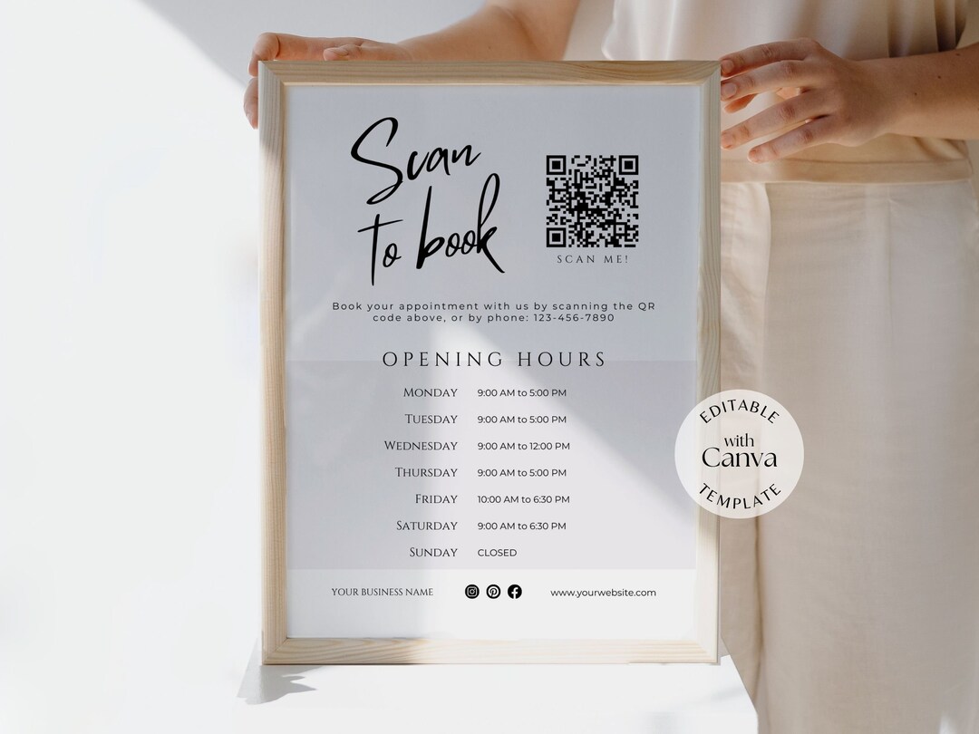 Editable Scan to Book Sign With Qr Code & Opening Hours for Salon, Spa ...
