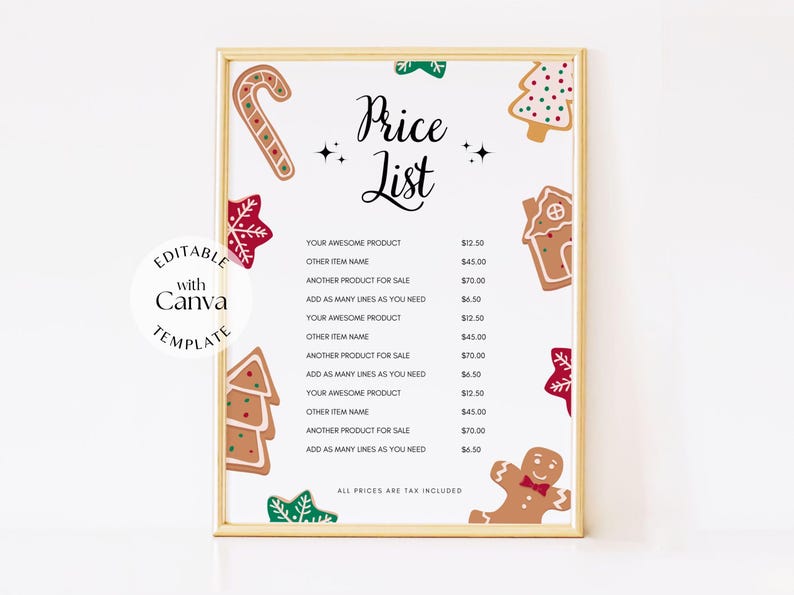 Holiday Vendor Price List Template, Editable Pricelist Sign for ...