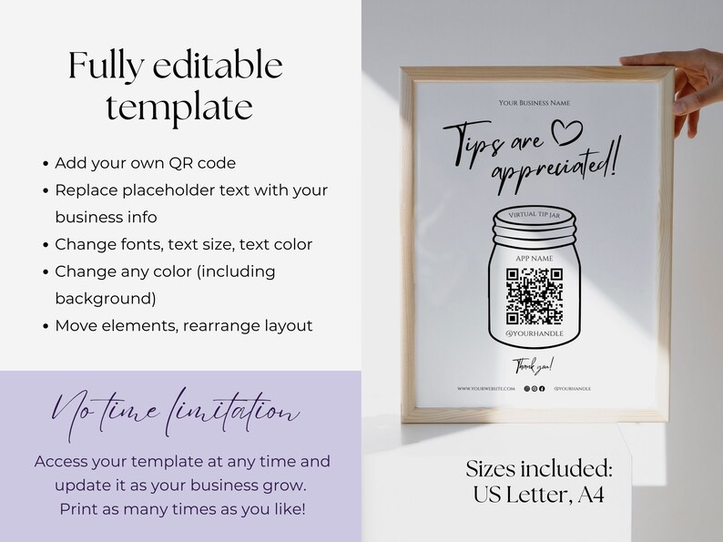 Tipping Sign Template With Qr Code, Virtual Tip Jar Business Signage ...