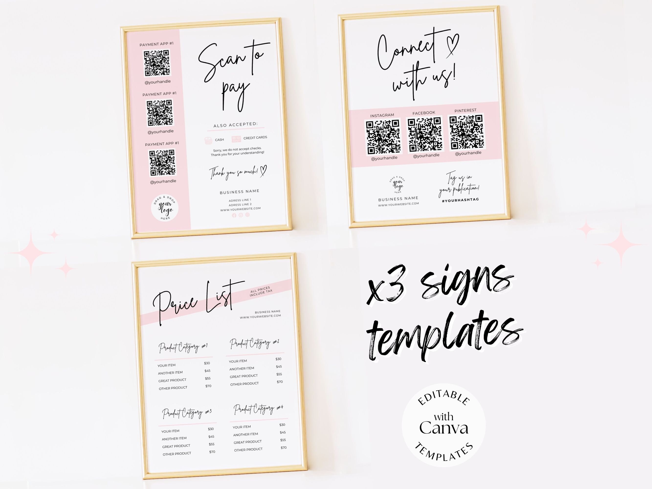 Set of Editable Signage for Small Business, Scan to Pay, Social Media ...