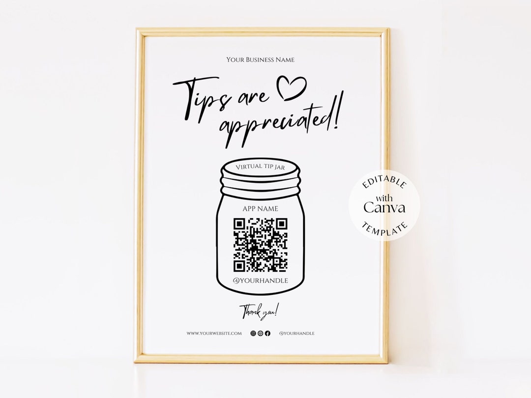 Tipping Sign Template With Qr Code, Virtual Tip Jar Business Signage ...