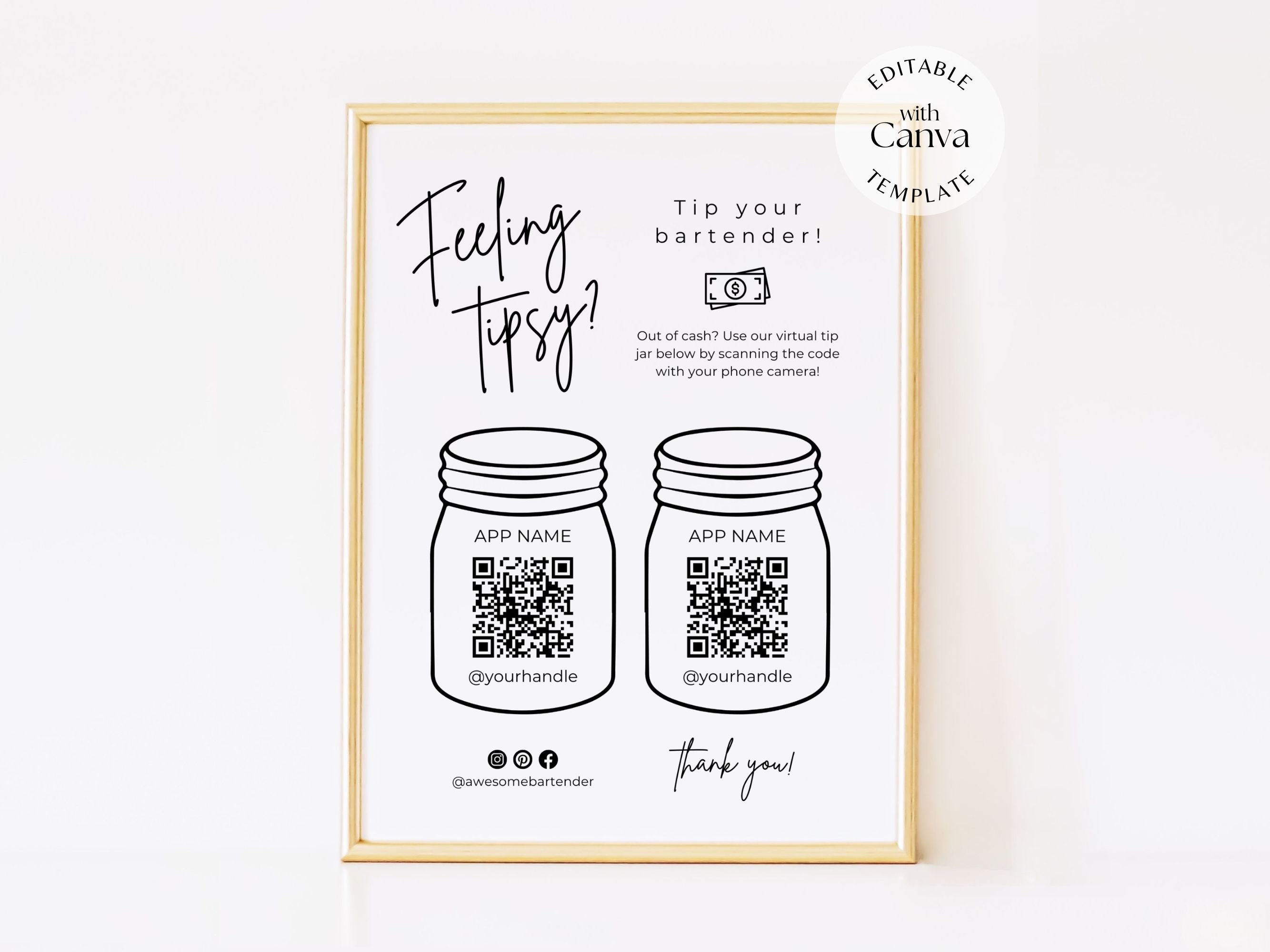 Virtual Tip Jar Sign for Bartender, Tipping Template With Payment App ...