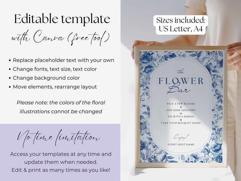 Flower Bar Blue Sign Template for Baby Shower, Wedding, Dusty Blue ...