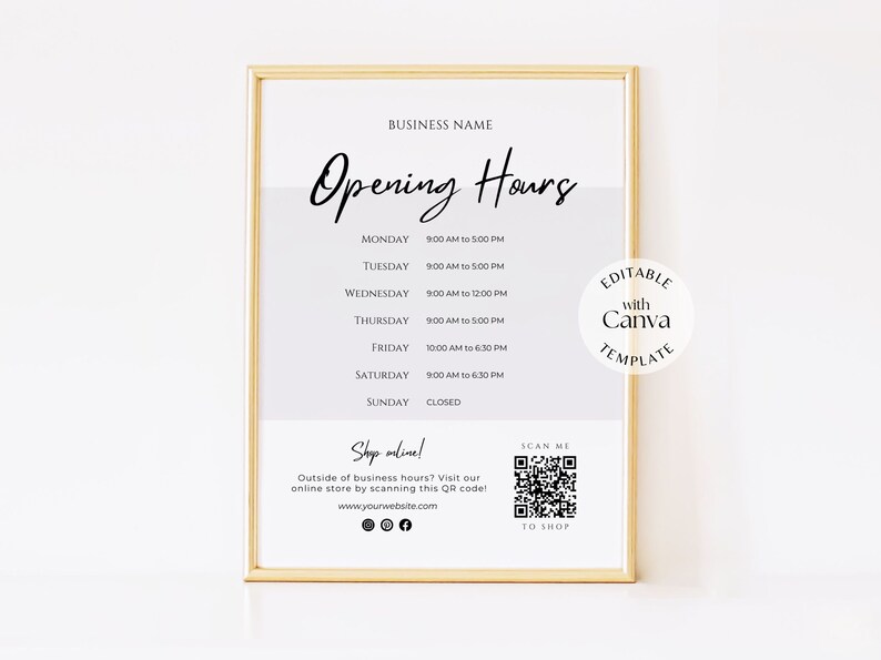 Printable Store Hours Sign With Qr Code, Modern Business Opening Hours ...