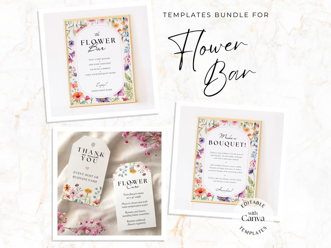 Flower Bar Templates Bundle, Wildflowers Editable Signs and Flower Care ...