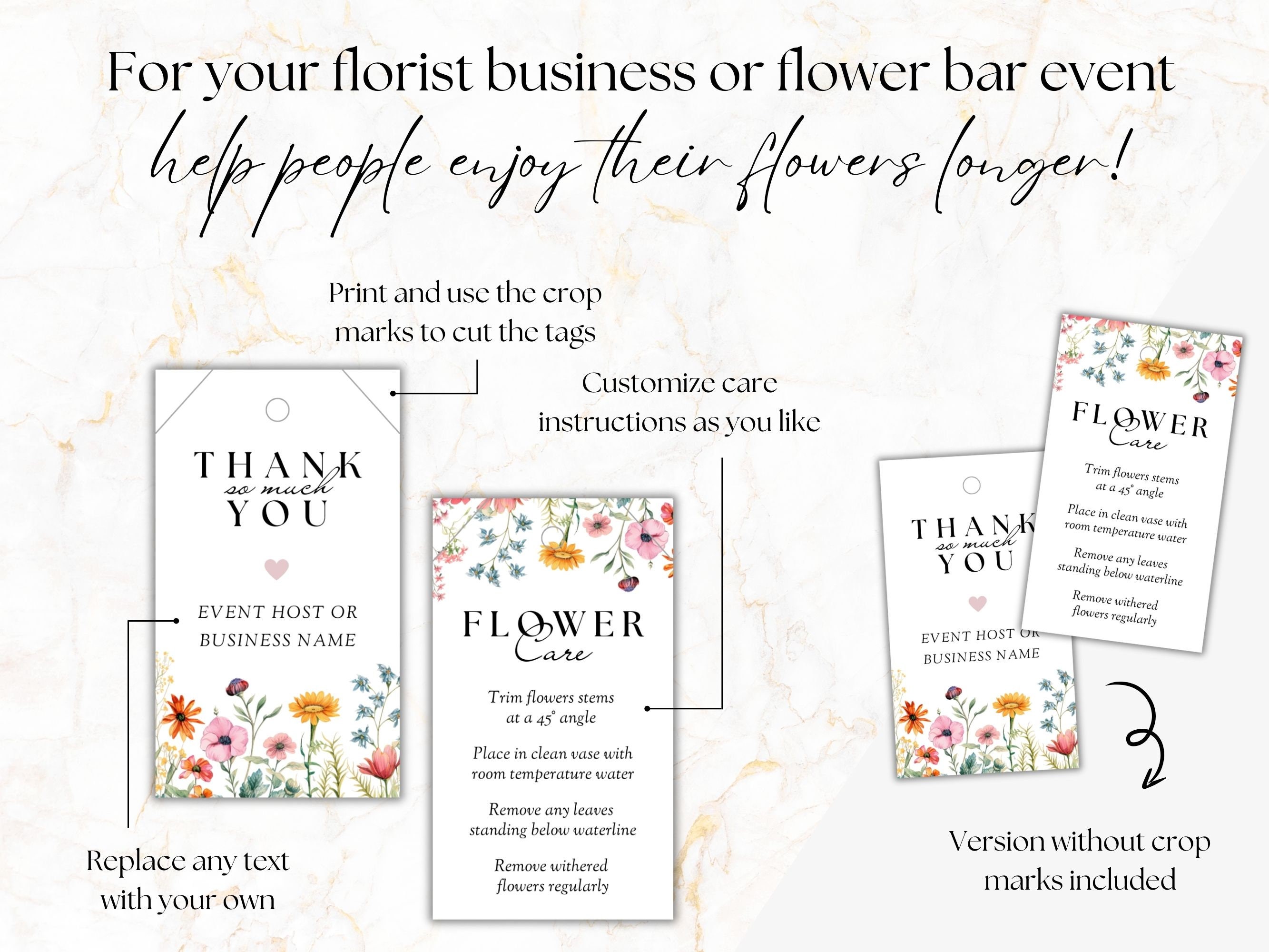 Flower Care Tag Template for Bloom Bar or Florist Business, Editable ...