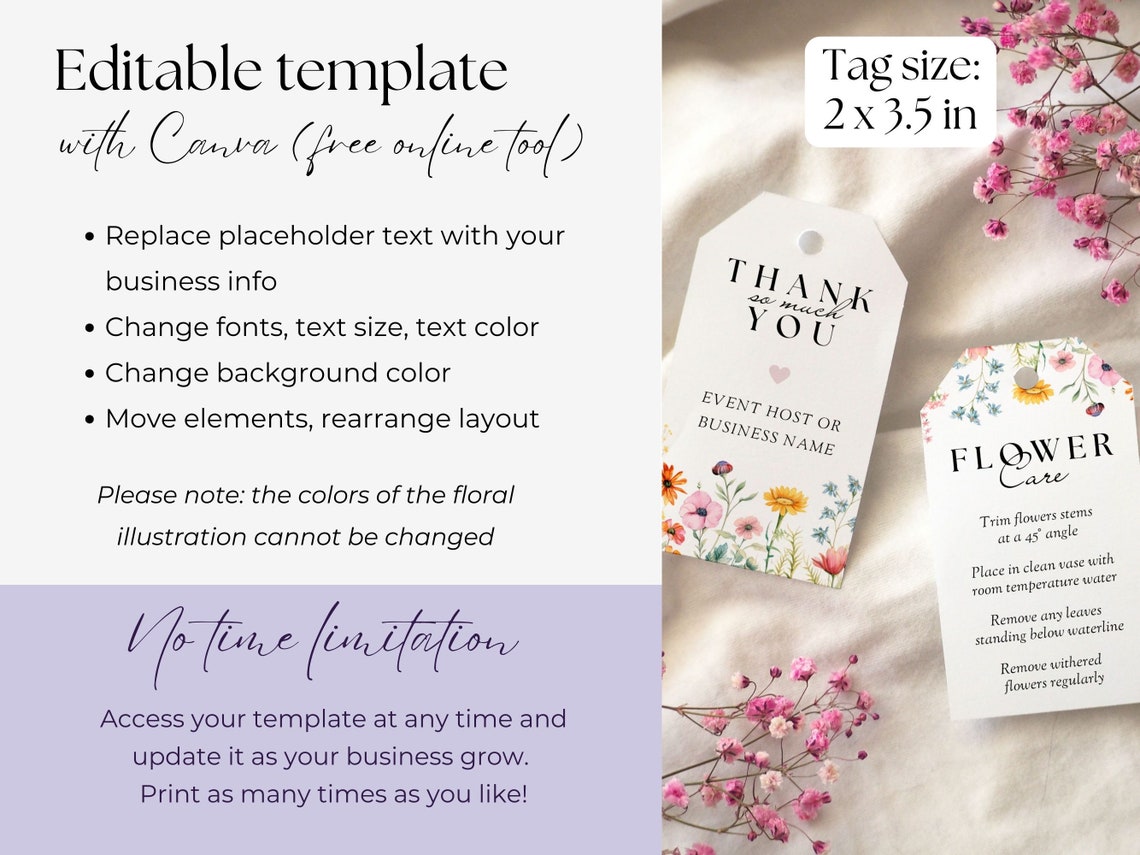 Flower Care Tag Template for Bloom Bar or Florist Business, Editable ...
