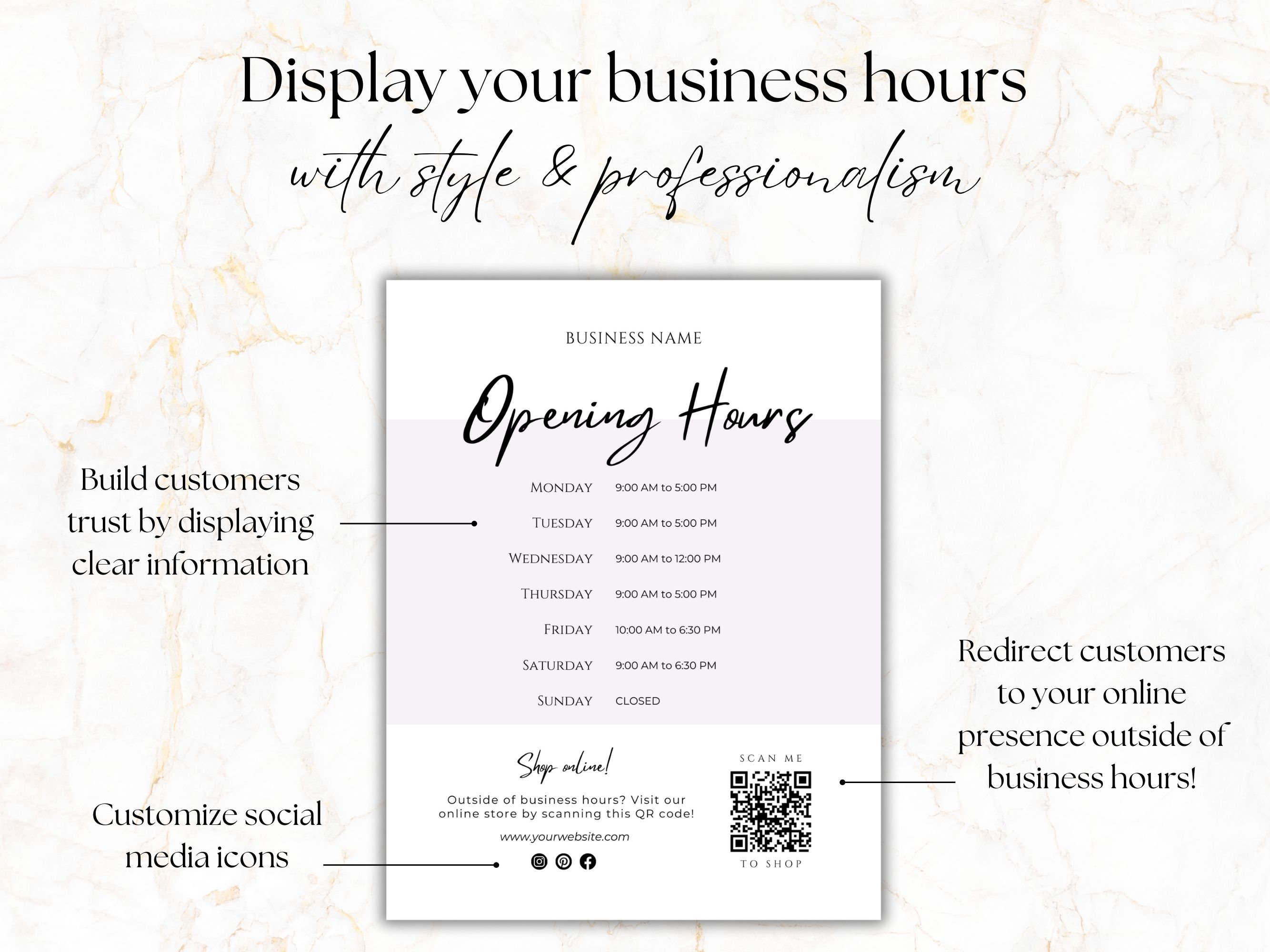 Printable Store Hours Sign With Qr Code, Modern Business Opening Hours ...