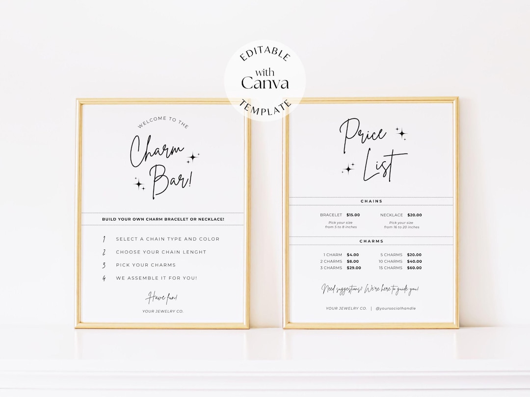 Charm Bar Signs Editable Templates for Customized Jewelry Business ...