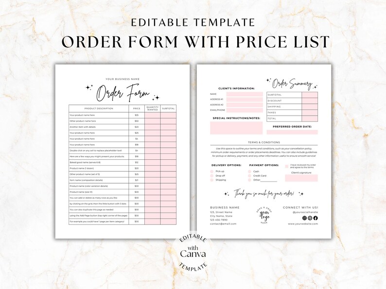 Editable Order Form Template With Price List, Small Business Ordering ...