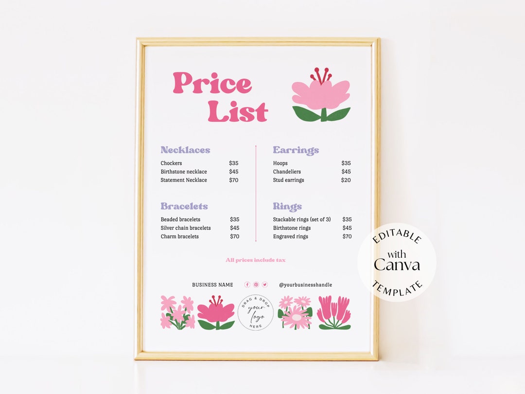 Editable Price List Template for Small Business, Pop up Shop, Diy ...