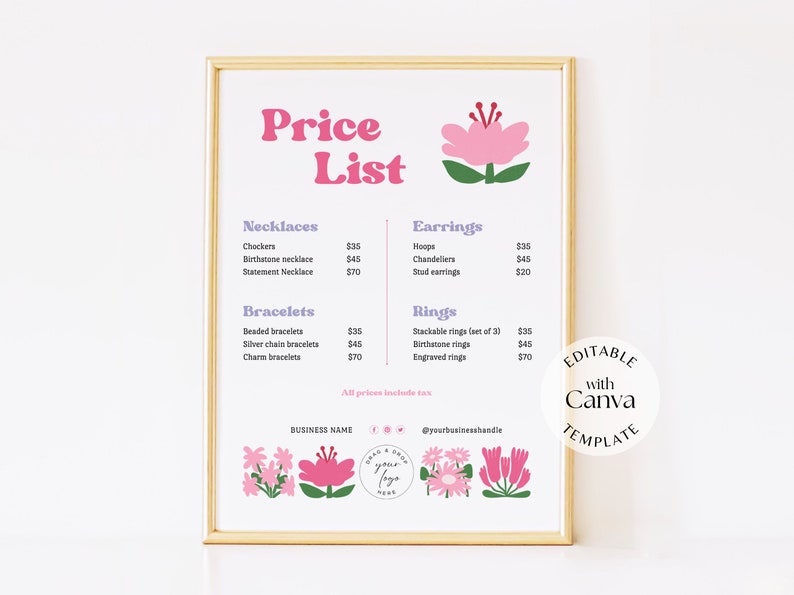Editable Price List Template for Small Business, Pop up Shop, Diy ...