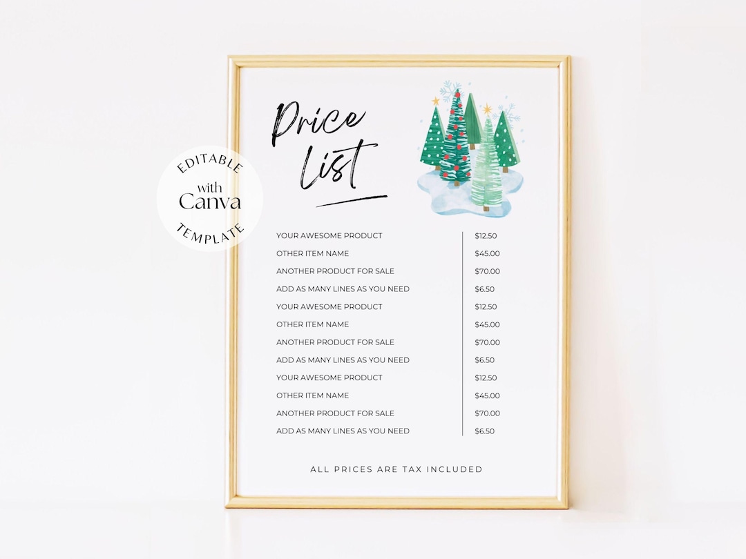 Christmas Price List Template, Editable Small Business Pricelist Sign ...