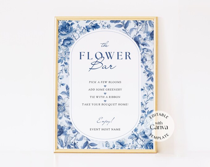 Flower Bar Blue Sign Template for Baby Shower, Wedding, Dusty Blue ...