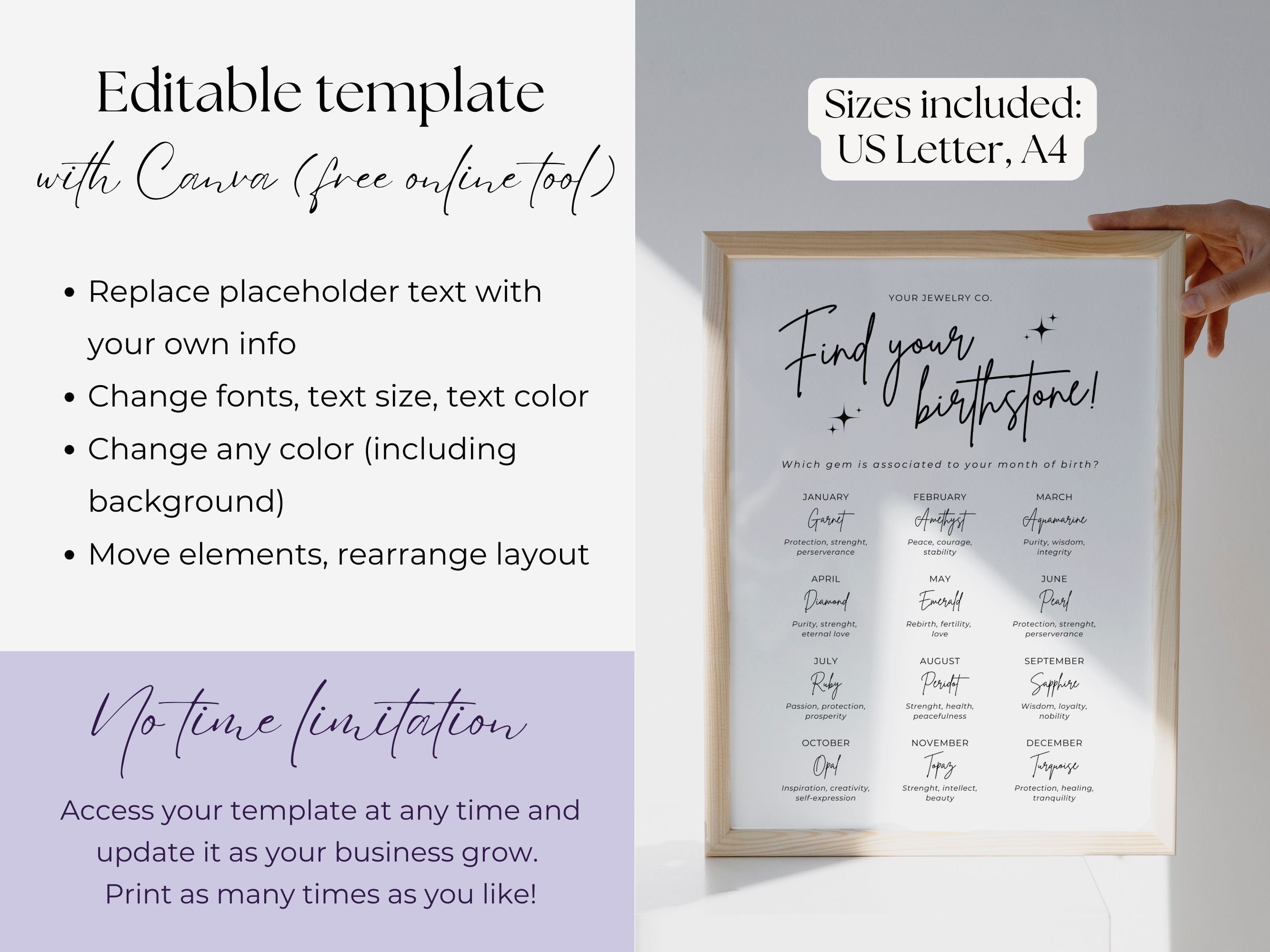 Birthstone Chart Template for Jewelry Business, Editable Gems Names and ...