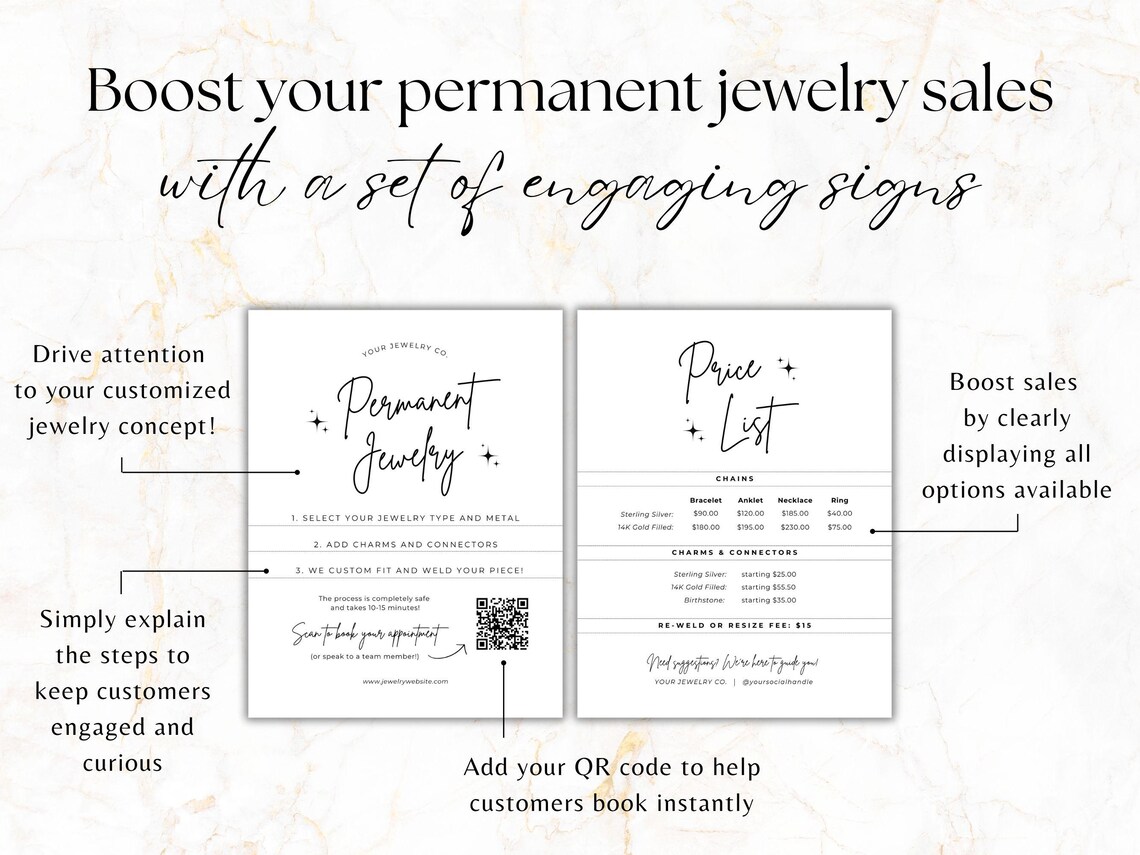 Permanent Jewelry Price List and Booking Sign Templates, Editable Steps ...