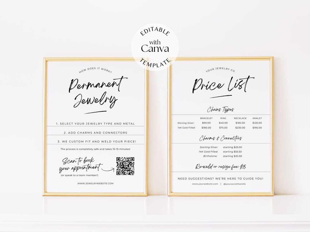 Permanent Jewelry Signs Templates, Price List and Booking Sign With ...
