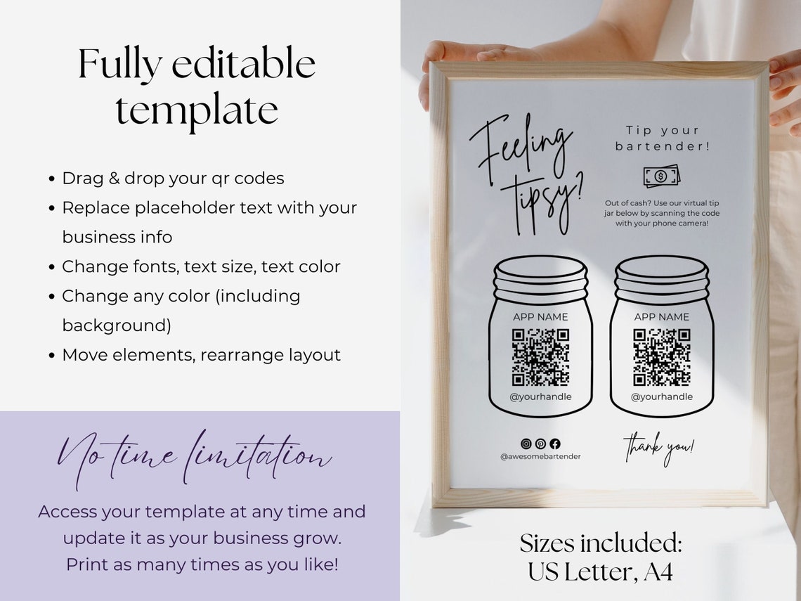 Virtual Tip Jar Sign for Bartender, Tipping Template With Payment App ...