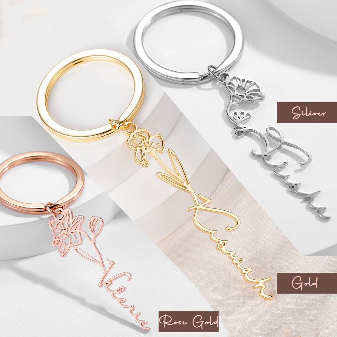 Custom Birth Flower Keychain With Name,personalized 18K Gold Plated ...