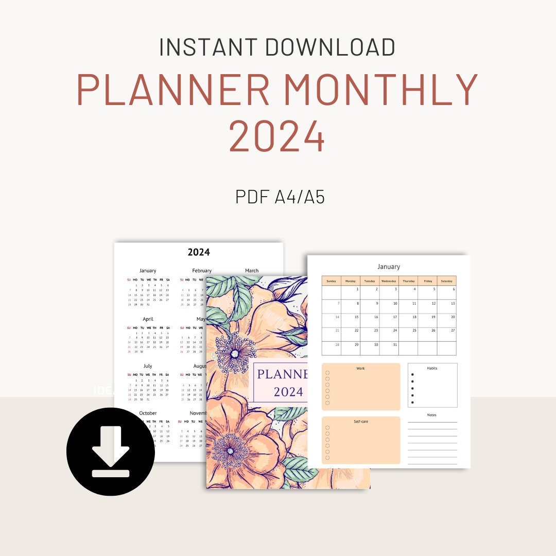Planner Monthly 2024 Editable Boho Simple Floral Monthly 2024 Planner ...