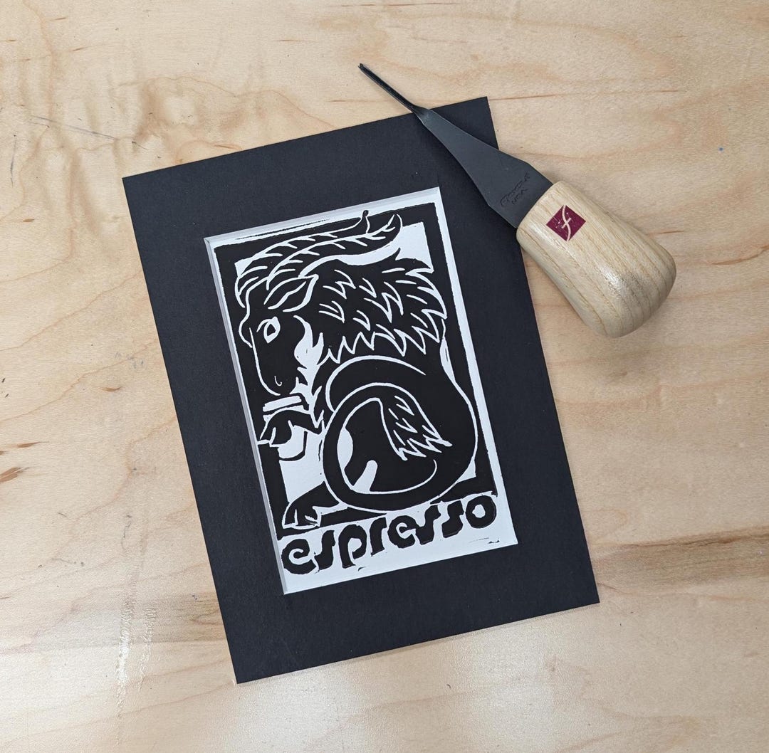 Mini Espresso Goat Gargoyle Linocut Print - Etsy