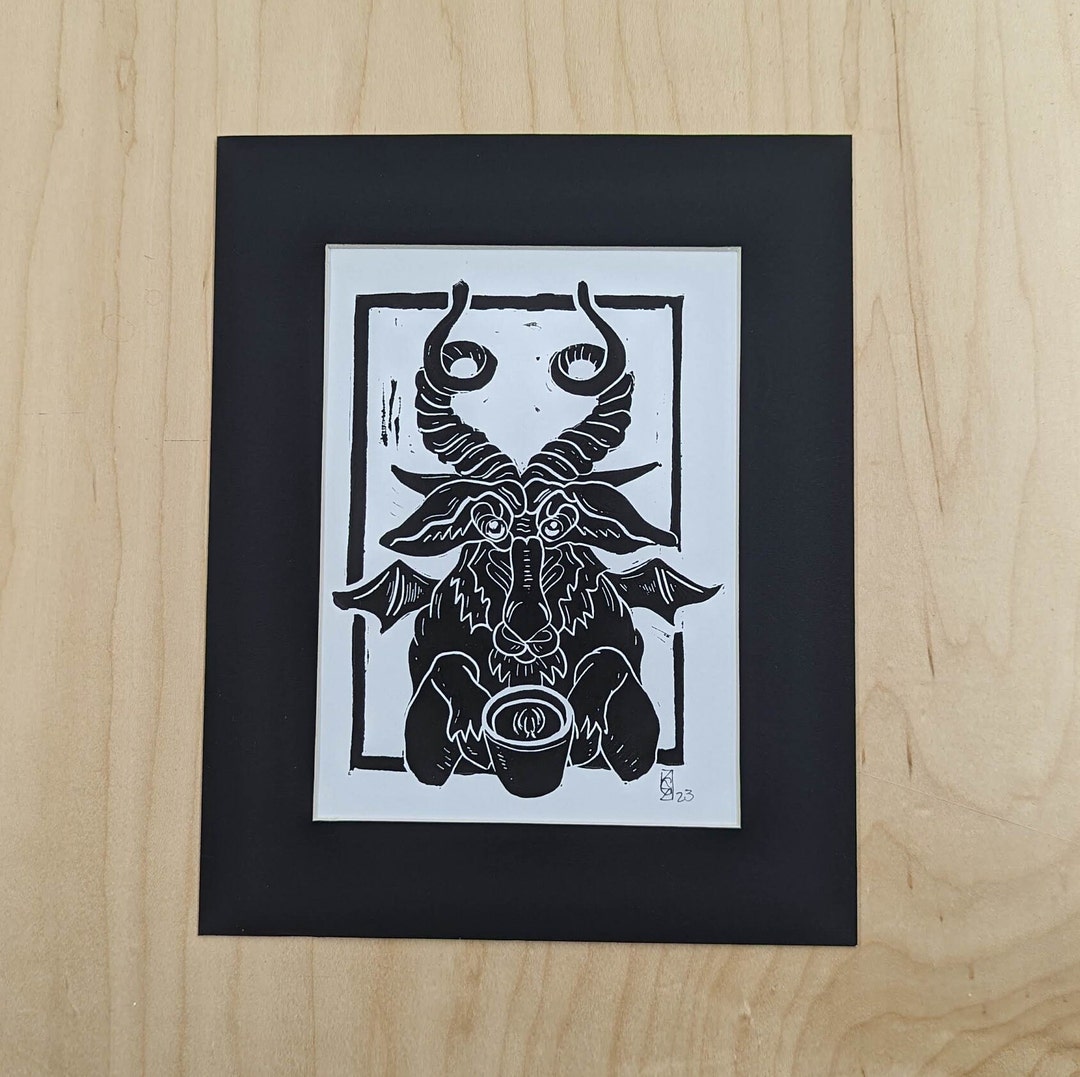 Coffee Goat Gargoyle Linocut Print - Etsy