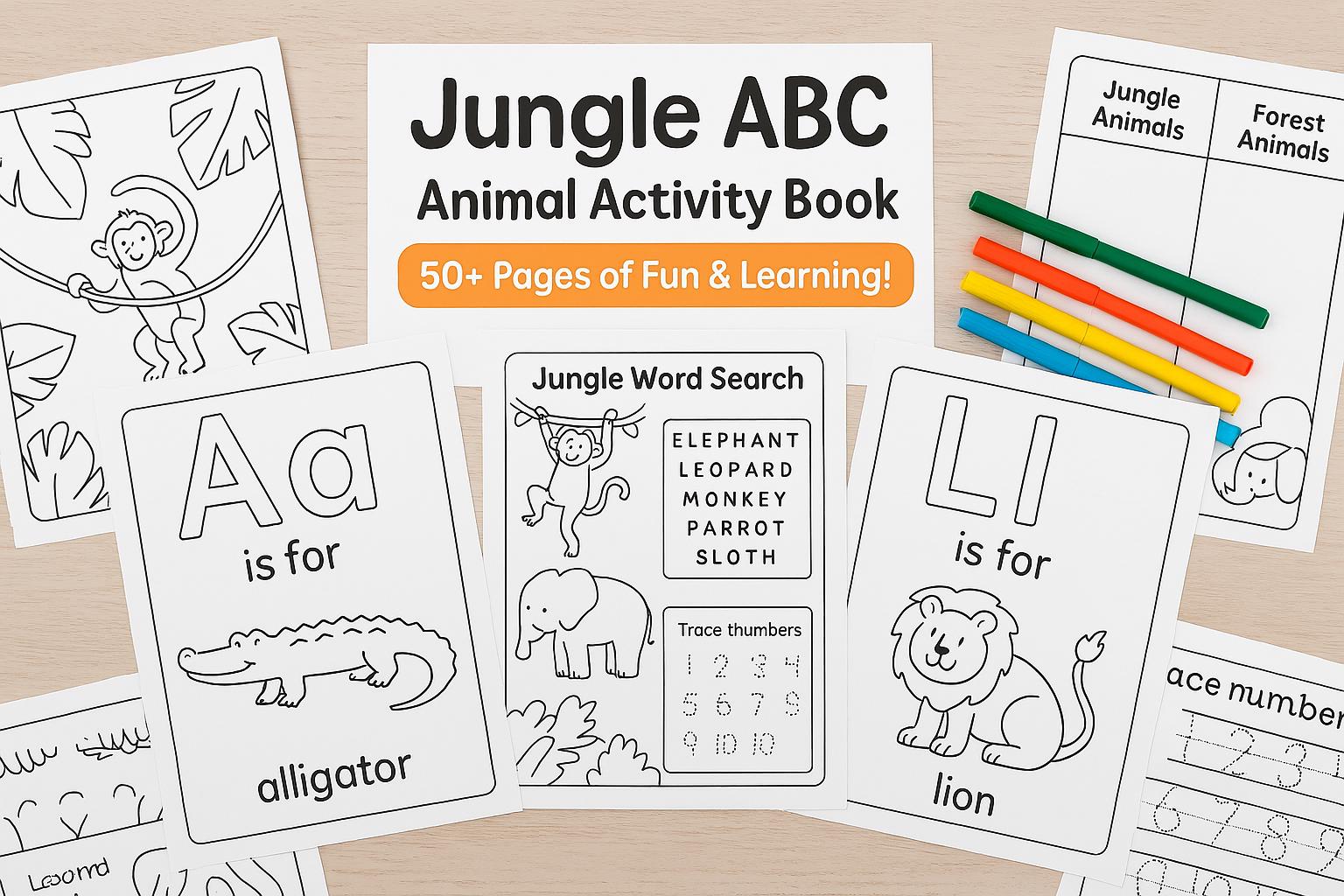 Jungle ABC & Animal Activity Book | Kids Printable Coloring Pages ...