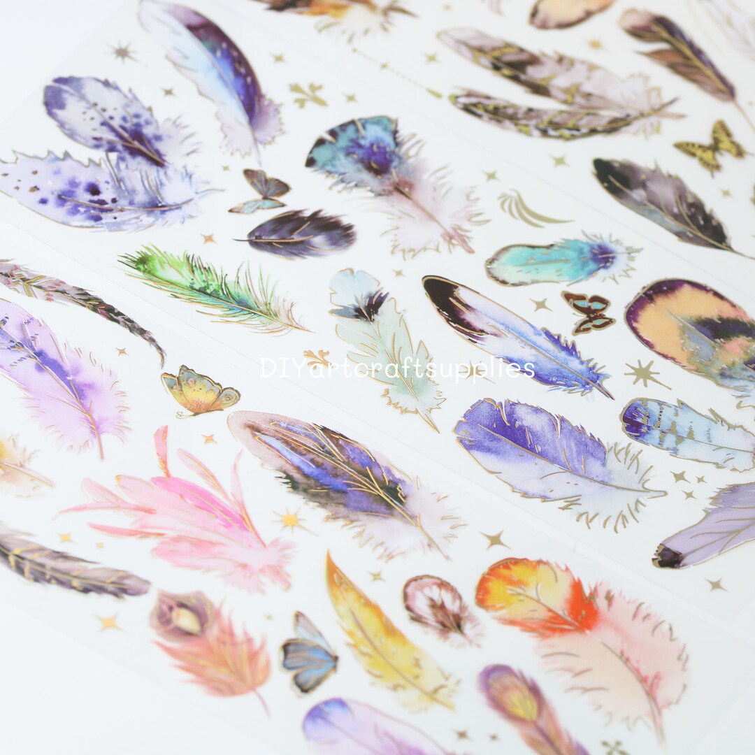 3 Sheets Colorful Feather Stickers, Gold Foil Bird Feather Stickers ...