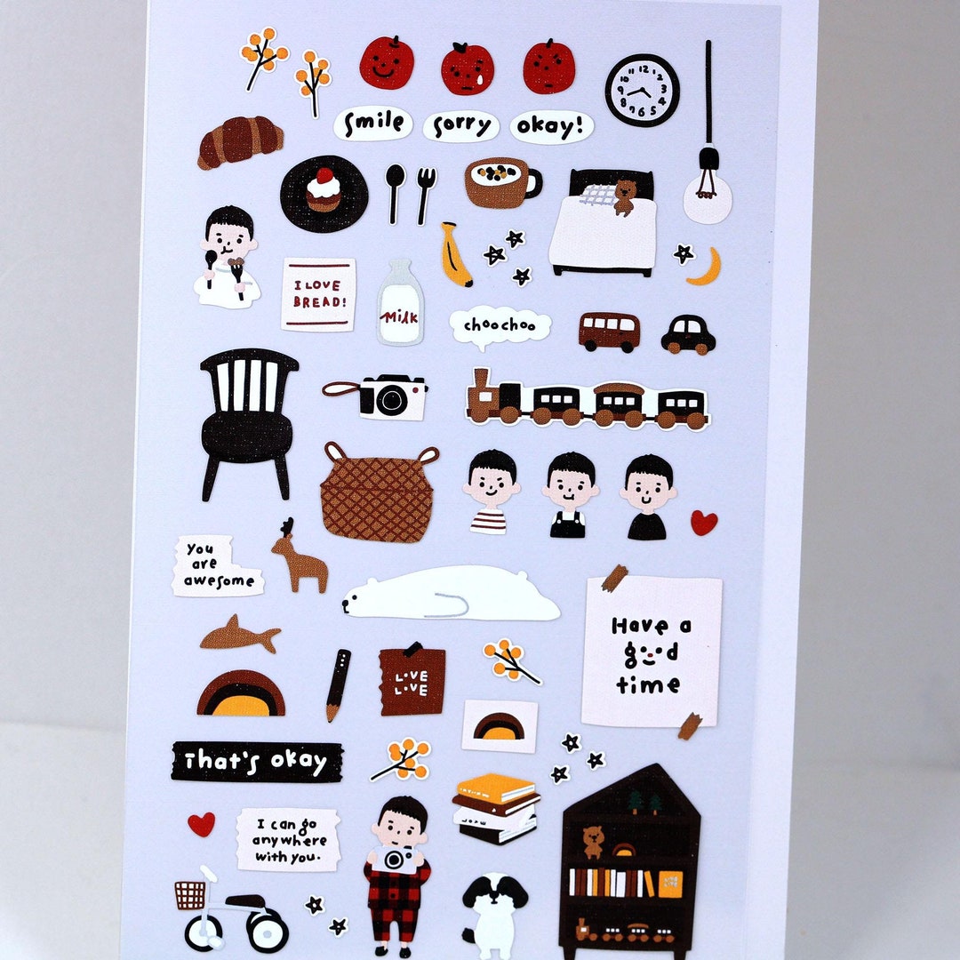 Little Boy Illustration Sticker Sheet, Cute Boy Room Objects Stickers ...