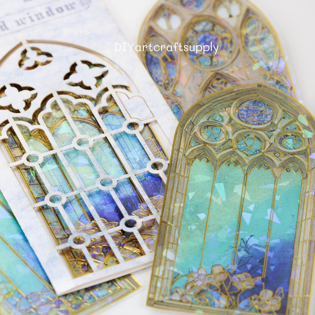 10 Pcs Glazed Church Window Stickers, Gold Foil and Holographic Church ...