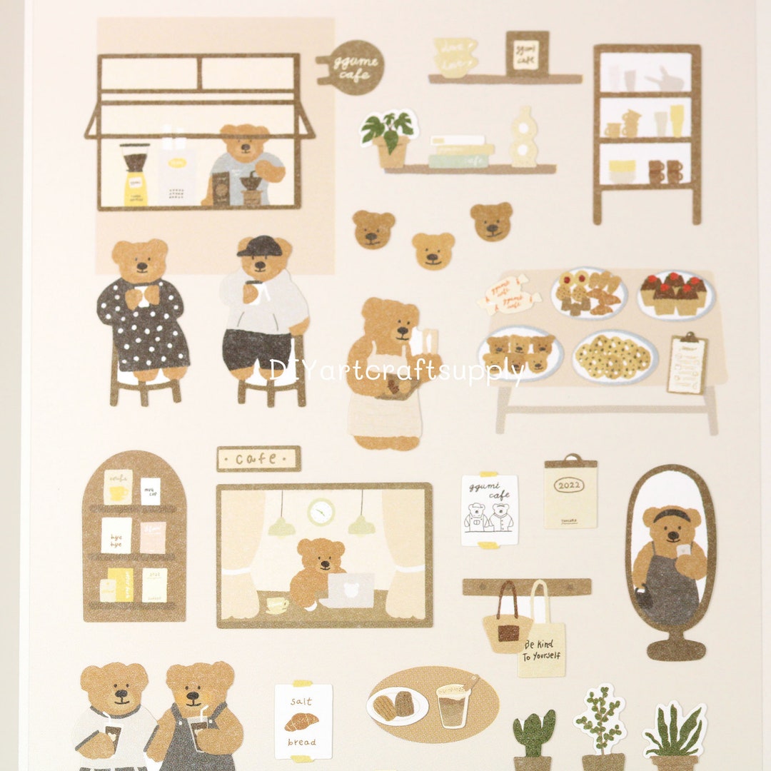 Bear Cafe Sticker Sheet, Cute Bear Animal Stickers, Bear Cafe Shop ...