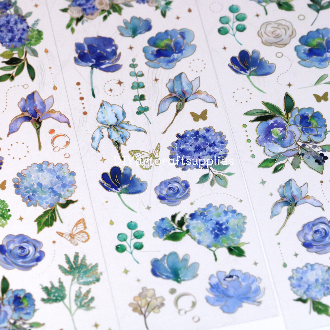 3 Sheets of Blue Flower Stickers, Blue Hydrangea Flower Stickers, Blue ...