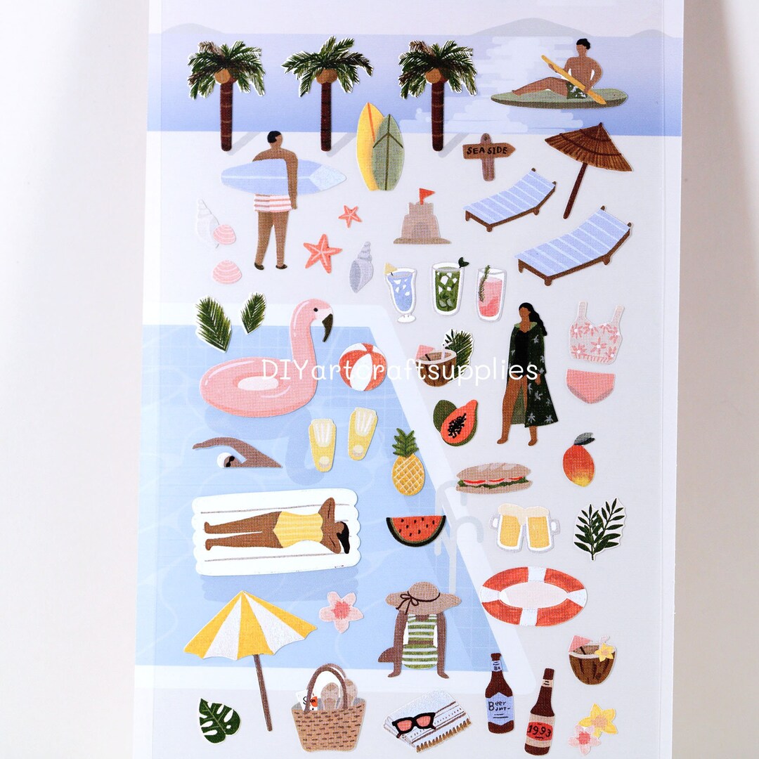 Beach Illustration Stickers, Ocean Leisure Stickers, Vacation Stickers ...