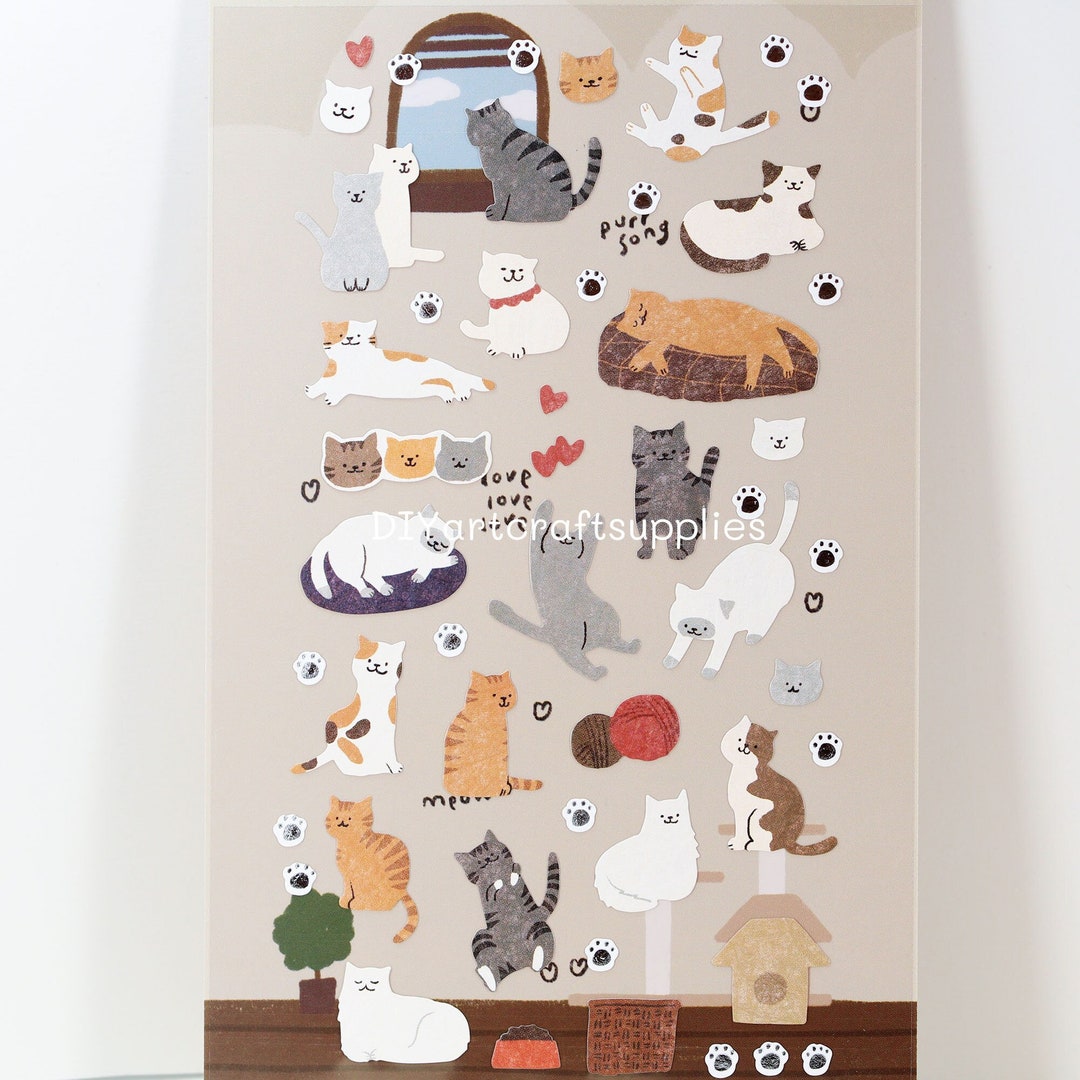 Cute Cat Sticker Sheet, Tiny Cat Paper Sticker, Lazy Cat Sticker ...