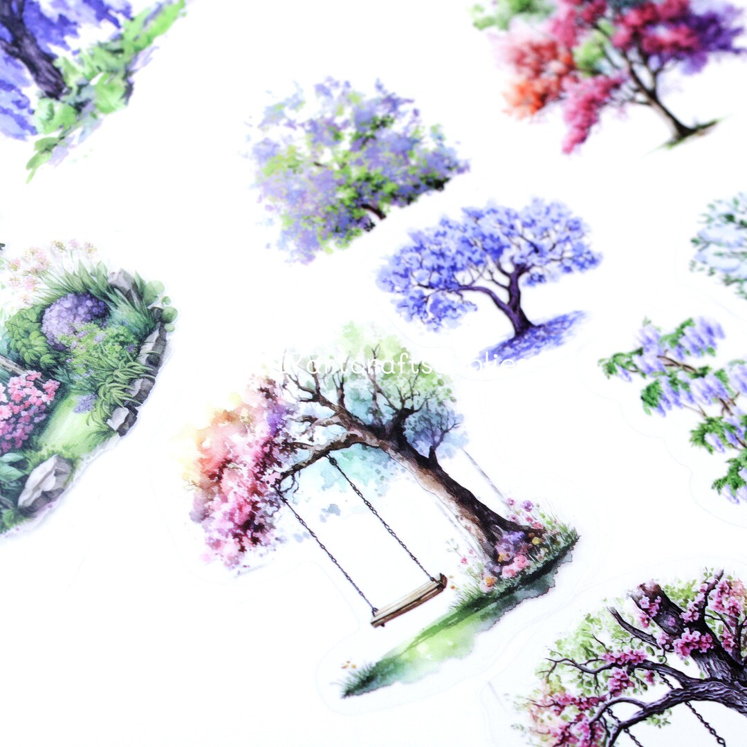 40 Pcs Small Colorful Tree Stickers, Water Color Various Trees in the ...