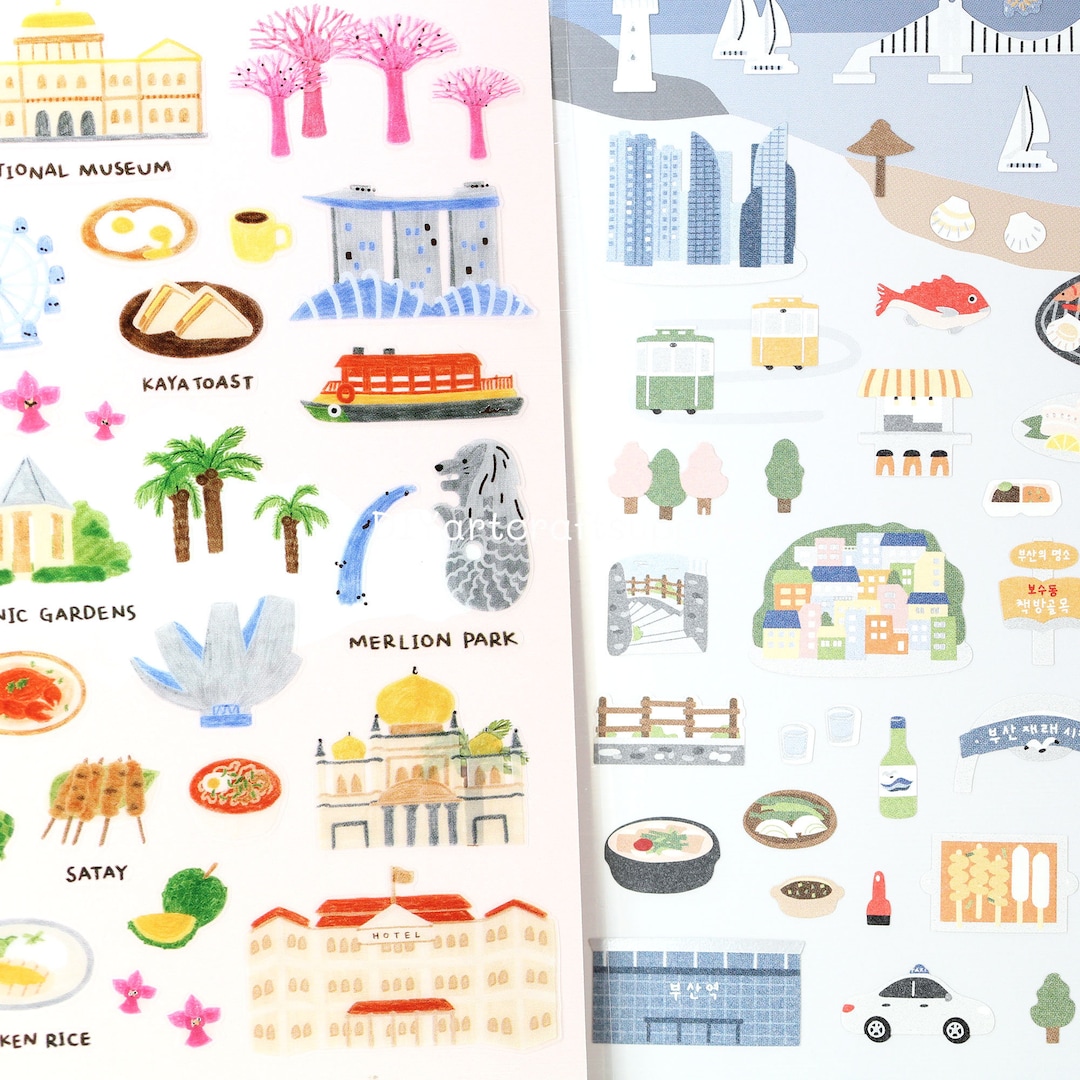 Korea, Singapore Travel Sticker Sheet, Cute Travel Stickers, Busan ...