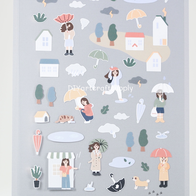 Rainy Day Sticker Sheet, Raining Day Stickers, Weather Stickers, Rainy ...
