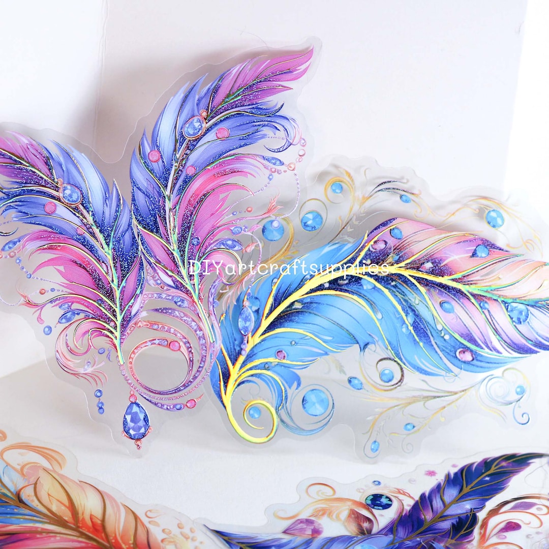 5 Pcs Gold Foil Blue Feather Stickers, Peacock Feathers Stickers ...