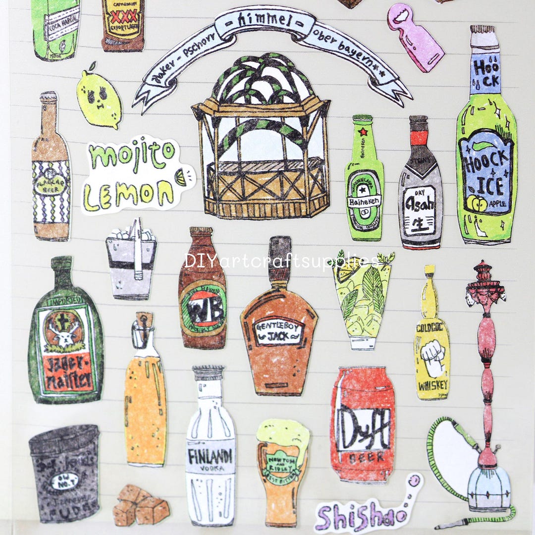Beverage Sticker Sheet, Beer Bottle Sticker, Wine Bottle Sticker ...