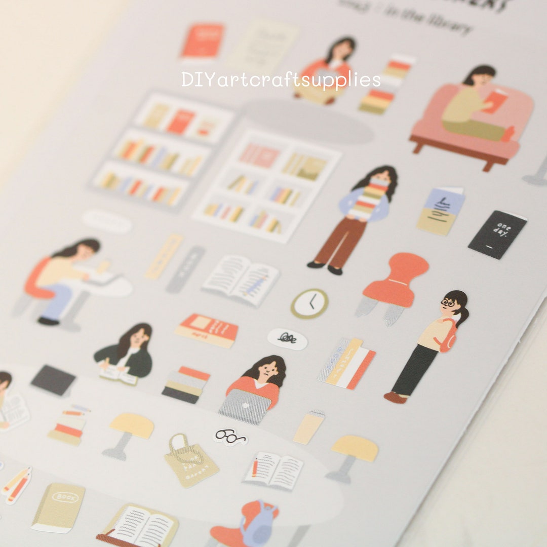 Library Illustration Sticker Sheet, Me in the Library Stickers, Book ...
