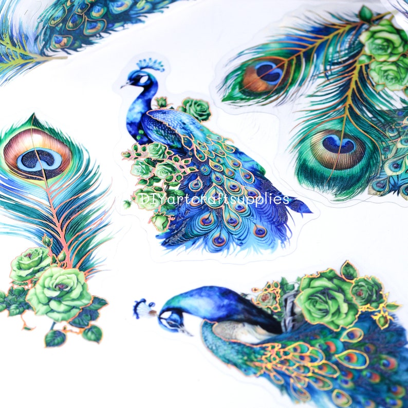 10 Pcs Gold Foil Blue Green Peacock Stickers, Peacock Feathers Stickers ...