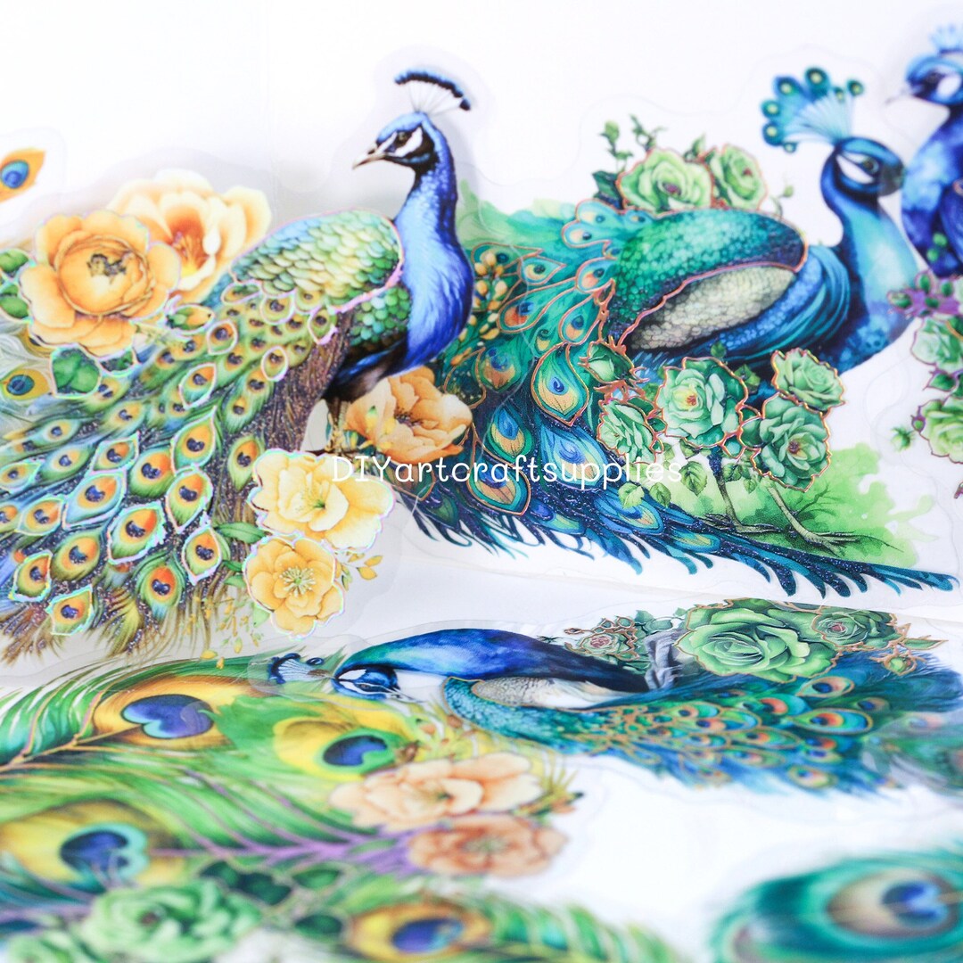 10 Pcs Gold Foil Blue Green Peacock Stickers, Peacock Feathers Stickers ...