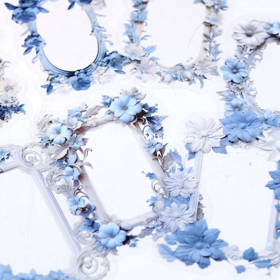 20 Pcs Blue Flower Frame Sticker, PVC Floral Frame Sticker for ...