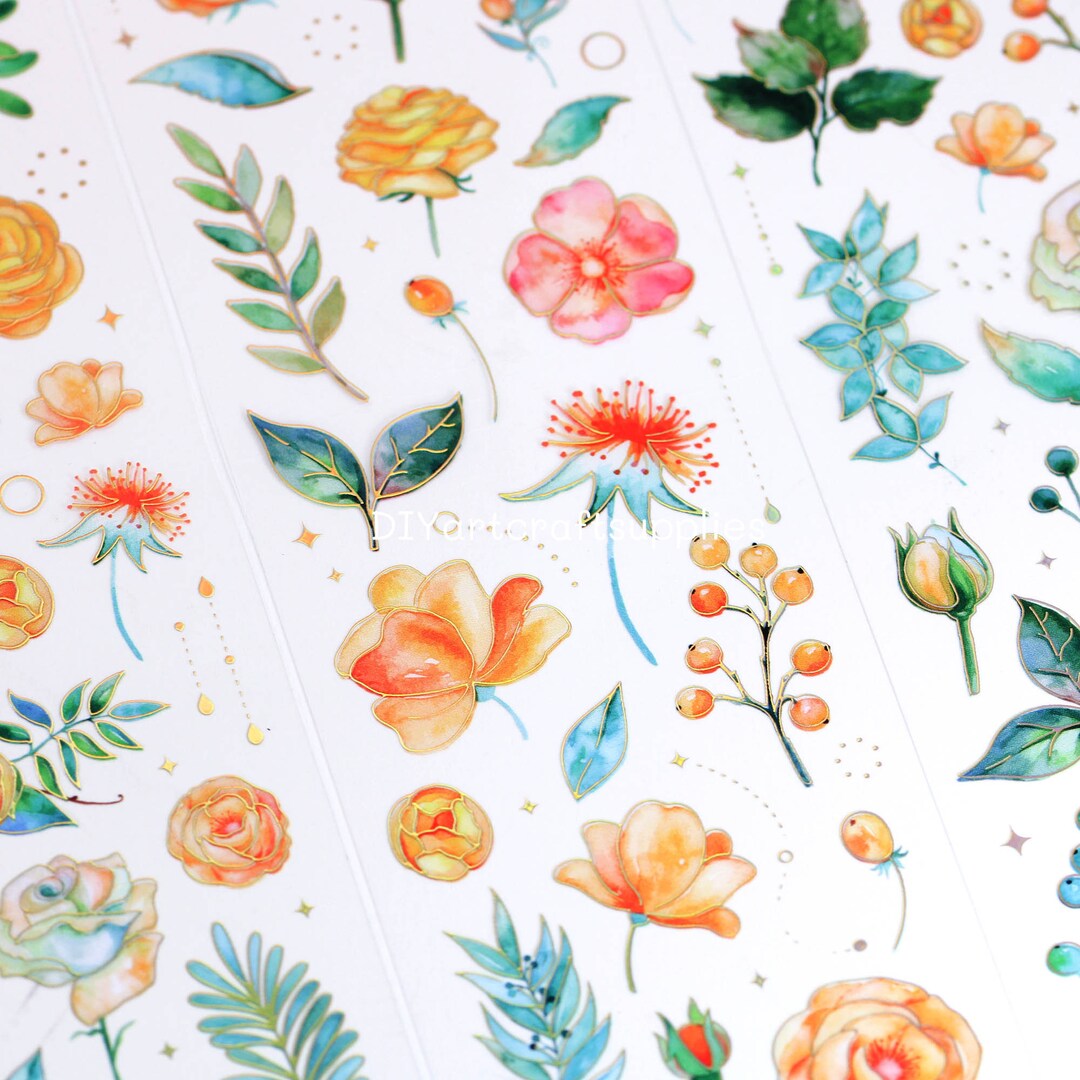 3 Sheets of Orange Flower Stickers, Rose Flower Stickers, Rose and ...