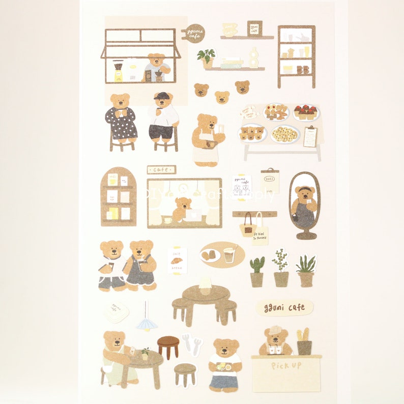 Bear Cafe Sticker Sheet, Cute Bear Animal Stickers, Bear Cafe Shop ...