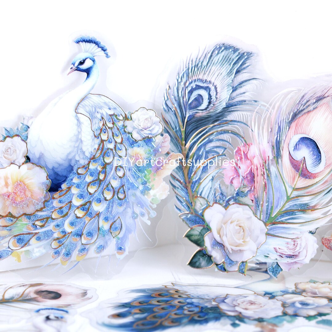 10 Pcs Gold Foil White Peacock Stickers, Peacock Feathers Stickers ...