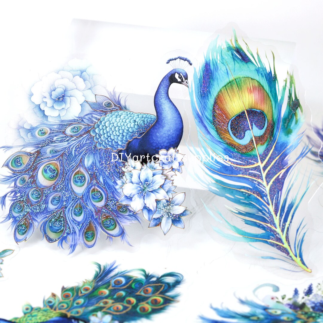 10 Pcs Gold Foil Blue Peacock Stickers, Peacock Feathers Stickers, Blue ...