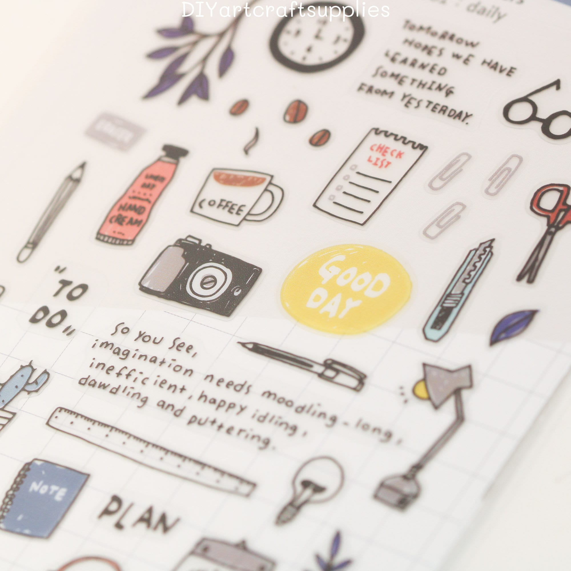 Daily Objects Doodles Sticker Sheet, Cute Stationary Stickers, Kawaii ...